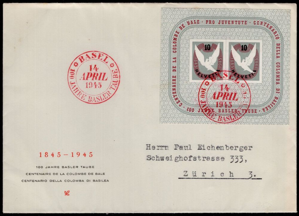 Baslertaube Block 1945, W23 FDC, 200.- (Gebraucht) in Horw für CHF 20 – mit Lieferung auf ...