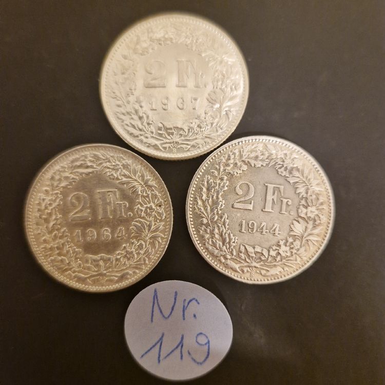 3 Silbermünzen 2 Franken 1944, 1964, 1967 CH Schweiz (Gebraucht) in Stans für CHF 18 – mit ...