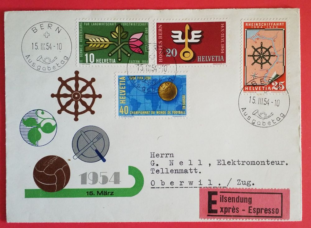 FDC 1954 Werbemarken Fussball WM in der Schweiz Kt 110.- (Gebraucht) in Baden für CHF 9 – mit ...