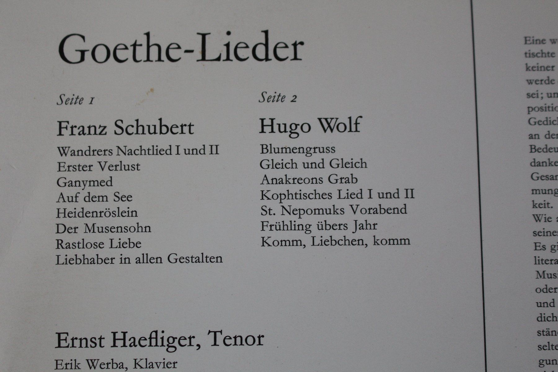 Franz Schubert/Hugo Wolf: Goethe-Lieder - Ernst Haefliger☯️ (Gebraucht ...