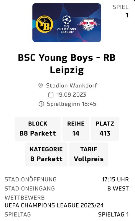 2 Tickets YB vs RB Leipzig Champions League Sektor B | Kaufen auf Ricardo