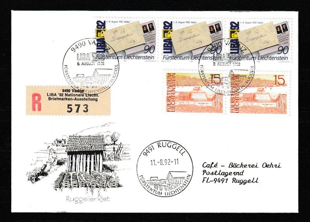 Liechtenstein R-Mischfrankaturbrief 1992 Vaduz - Mauren (6 (Gebraucht) in Ruggell für CHF 0.5 ...
