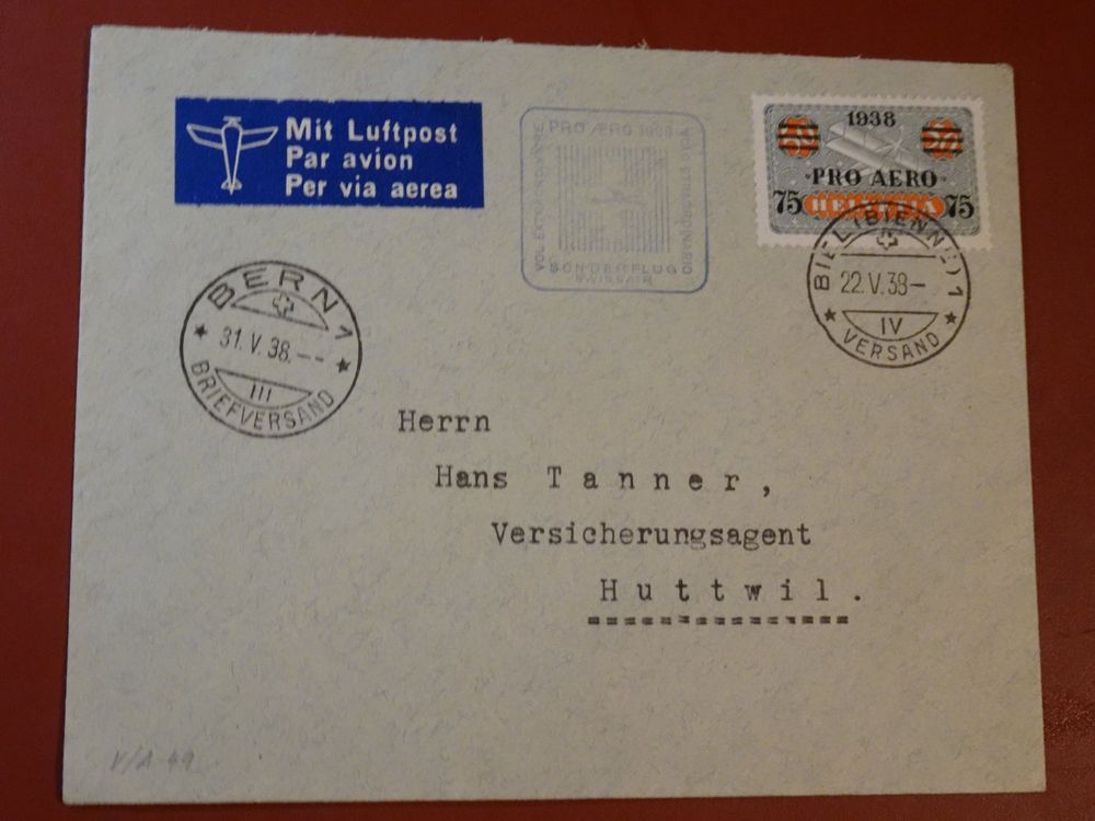 31.V.38 PRO AERO LUFTPOST BIEL NACH HUTTWIL (Gebraucht) in Eschenbach ...