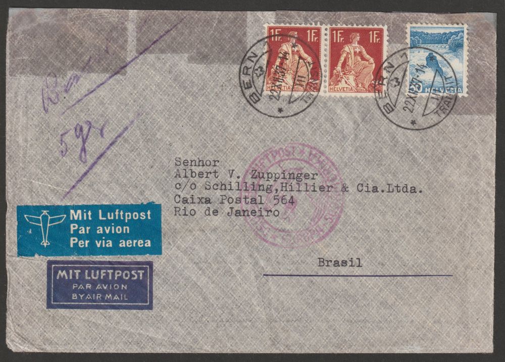 1937: BERN-(Bahnp. BASEL-FRANKF.)-Luftp. EUR-SÜDAM.-RIO! (Neu (gemäss ...