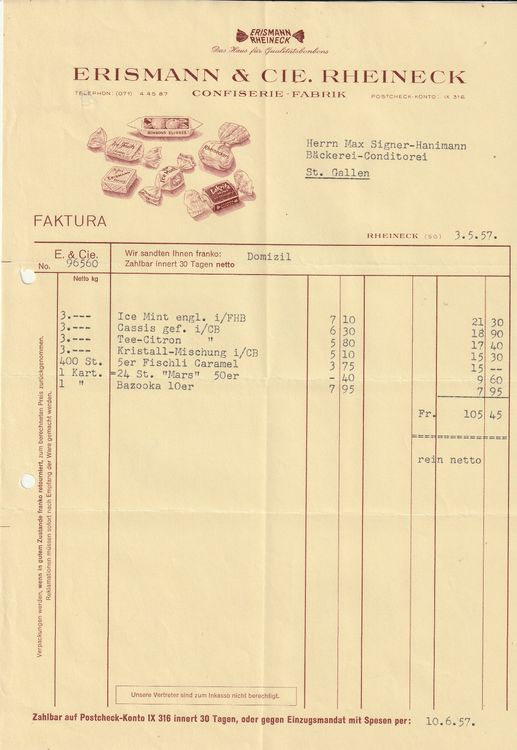 Rechnung Rheineck 1957 Confiserie-Fabrik Erismann (Gebraucht) in Rorschacherberg für CHF 9 – mit ...