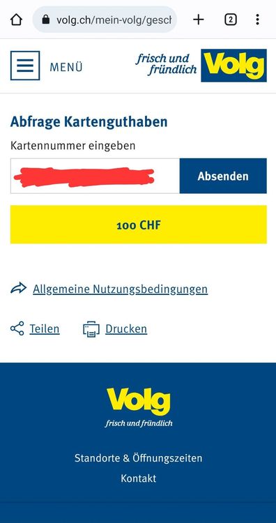 Volg Geschenkkarte 100.- (Neu (gemäss Beschreibung)) in Sursee für CHF ...