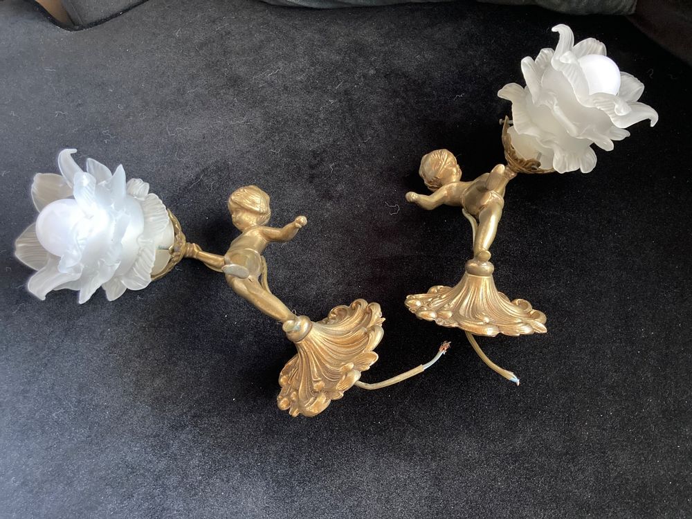 2 antike Bronzen Engel Wandlampen Jugendstil mit Rosen Glas | Kaufen ...