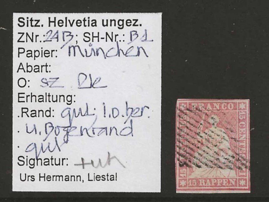 1855 : Strubel Nr. 24B - Bogenrand - Befund Hermann (Gebraucht) in Gümligen für CHF 18 – mit ...