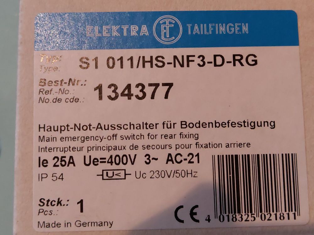 ELEKTRA TAILFINGEN HAUPT-NOT-AUS-SCHALTER S1 011/HS-NF3-D-RG (Neu und originalverpackt) in ...