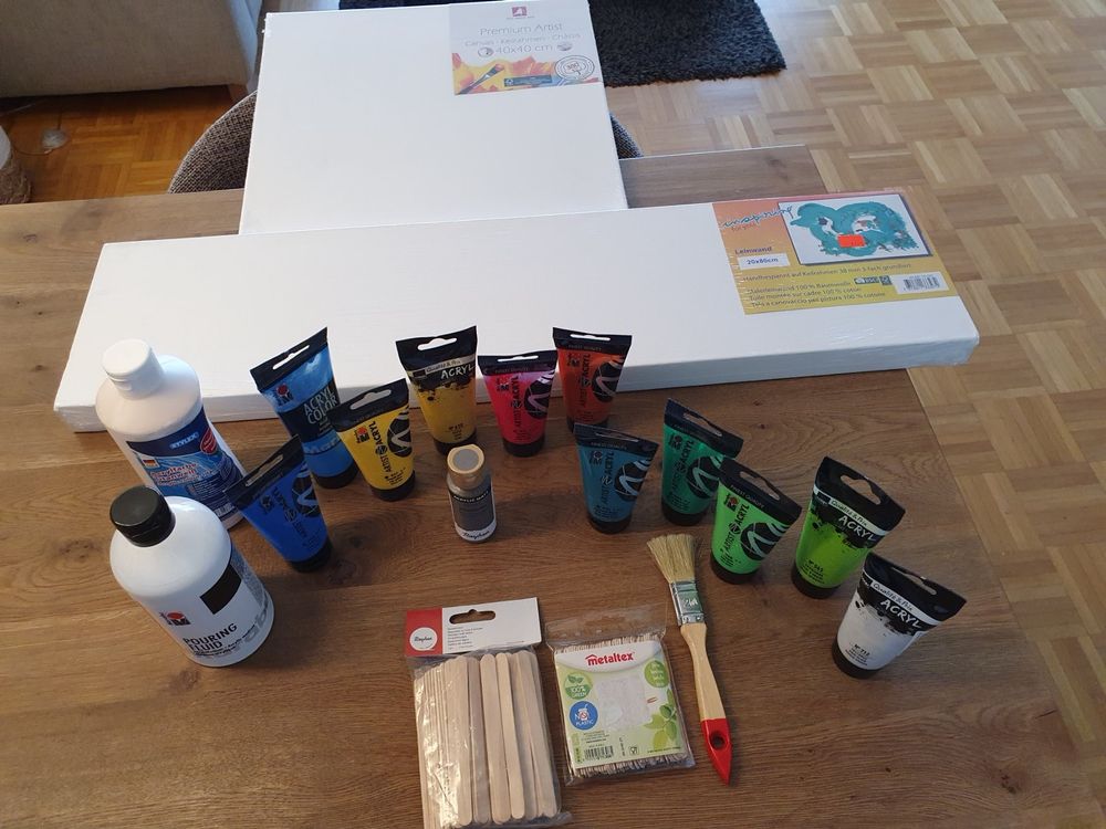 Diverse Acrylfarben mit 2 Malerleinwände, alles neu | Kaufen auf Ricardo