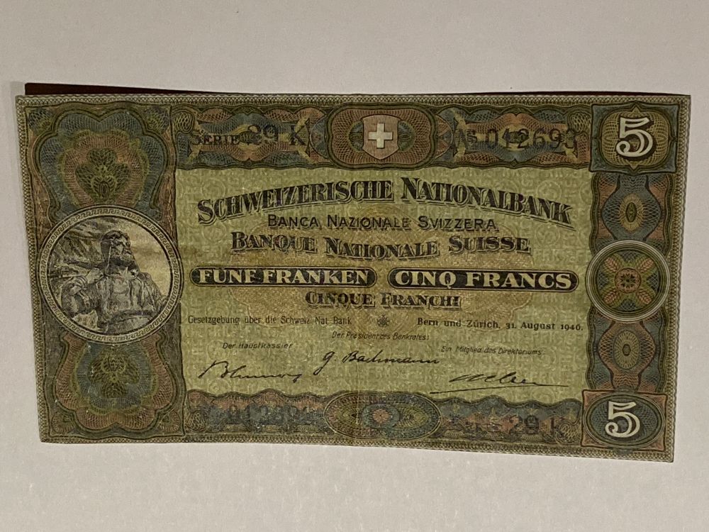 Billet suisse 5fr banknoten 31.08 1946 (Gebraucht) in Lajoux JU für CHF ...