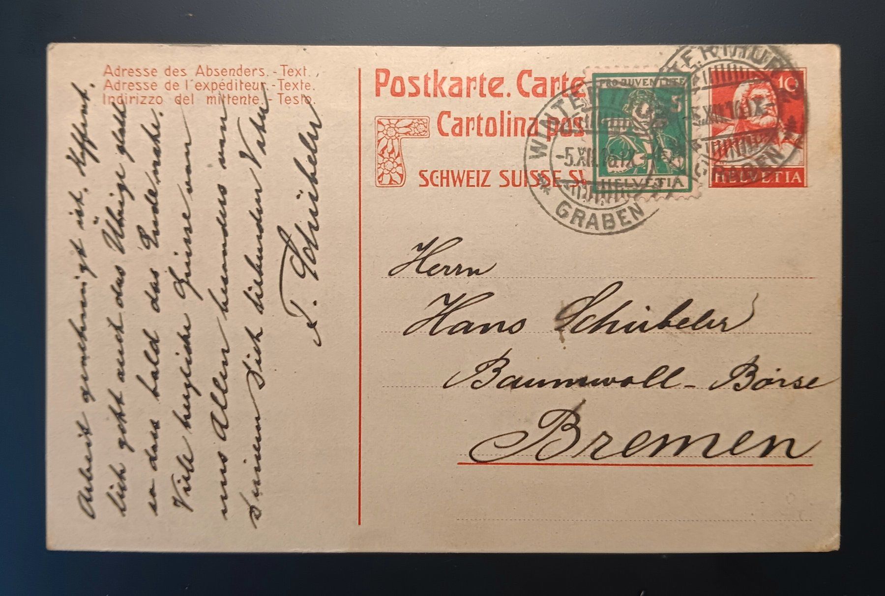 Ganzsache Postkarte mit ZuF Pro Juventute J5 nach Bremen (Gebraucht) in Holderbank AG für CHF 8 ...