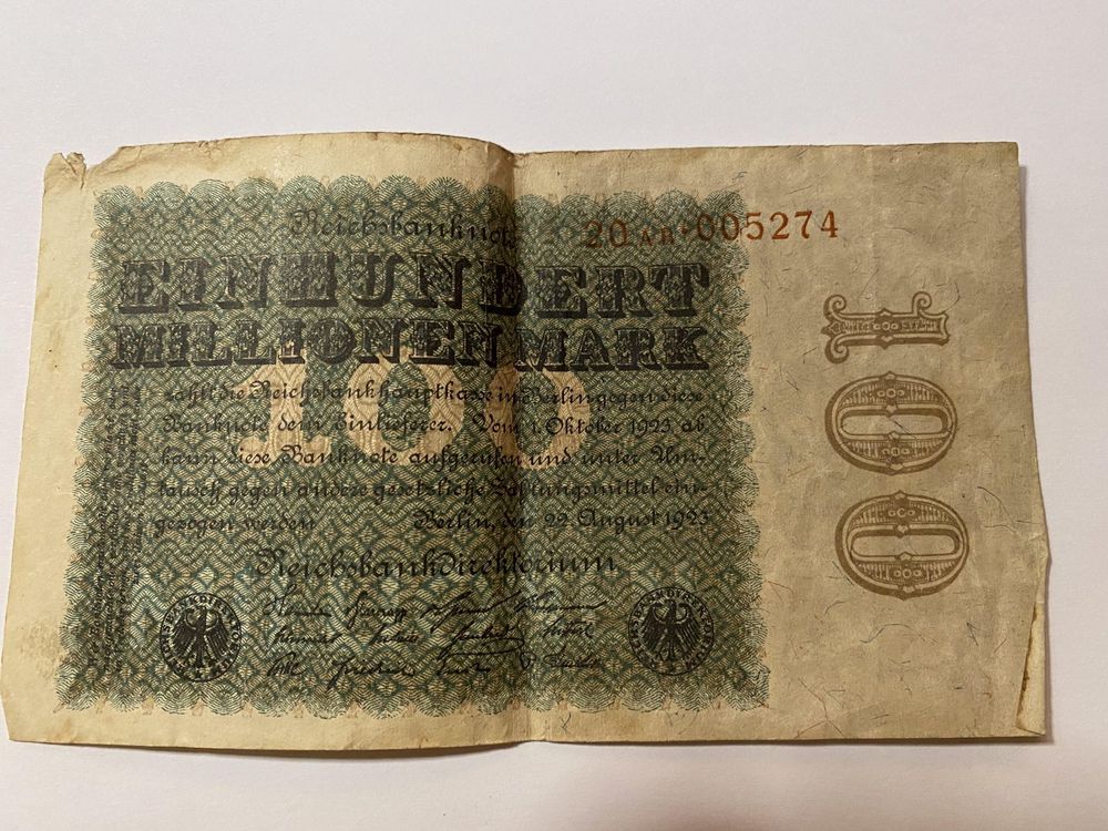 Weimarer Republik –Inflation– 100 Millionen Mark 1923 Reich | Kaufen ...
