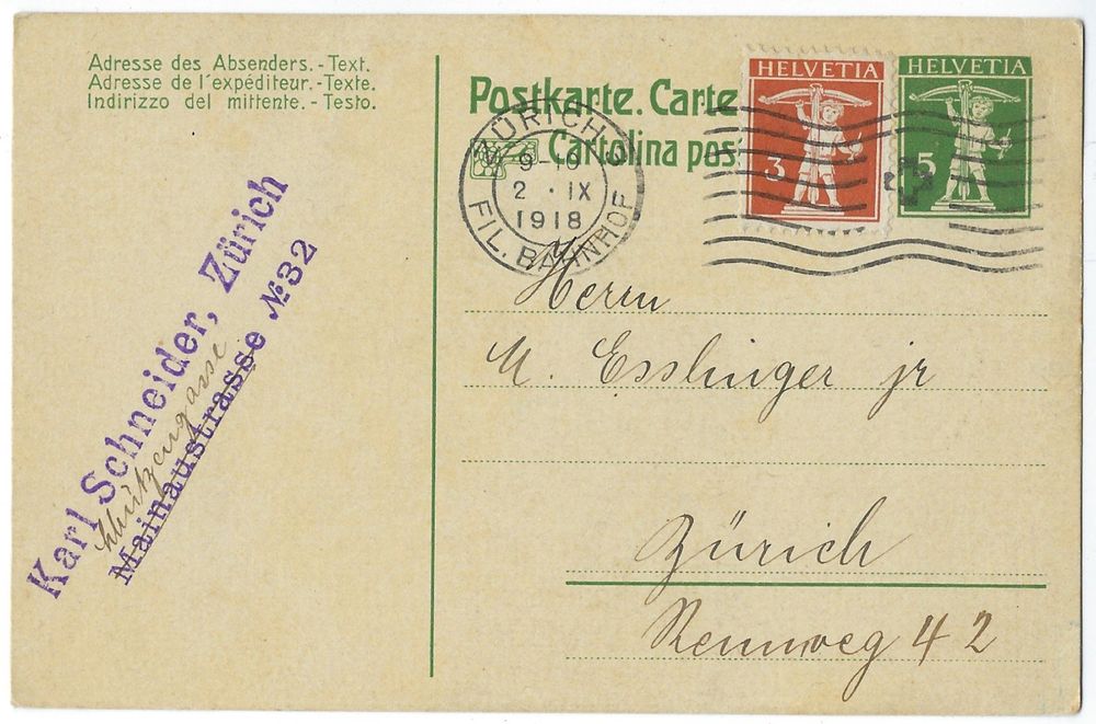 1918 Postkarte Kat-Nr. 52, sauberer Maschinenstempel Zürich (Gebraucht ...