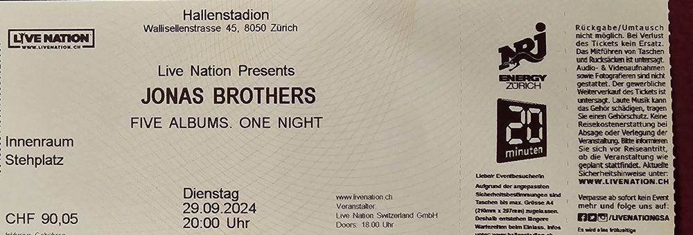 Ticket für Jonas Brothers / Zürich / Stehplatz / 29.09.2024 (Neu und ...
