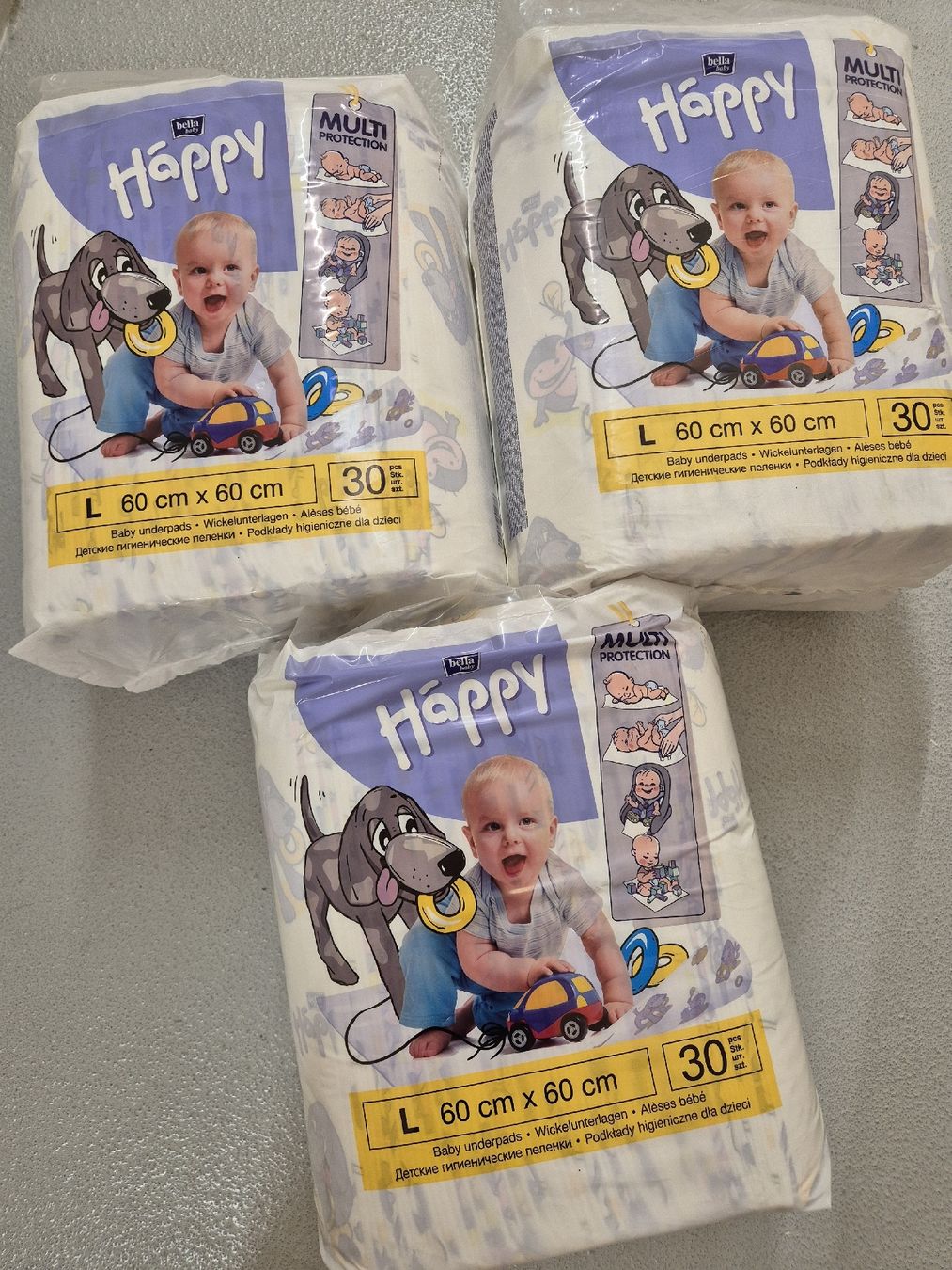 3 packs x 30+8 alèses bébé Bella Baby 60x60 cm changing pads (Neuf avec emballage d'origine) à ...