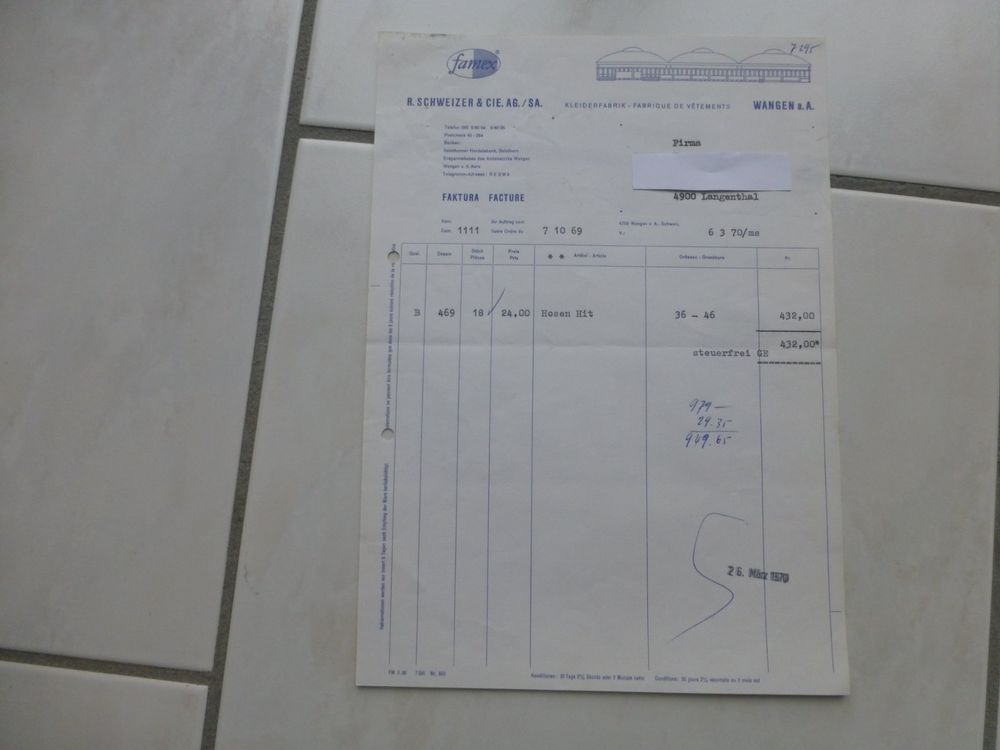 Wangen a. Aare, R. Schweizer Kleiderfabrik, 1939 (Gebraucht) in ...