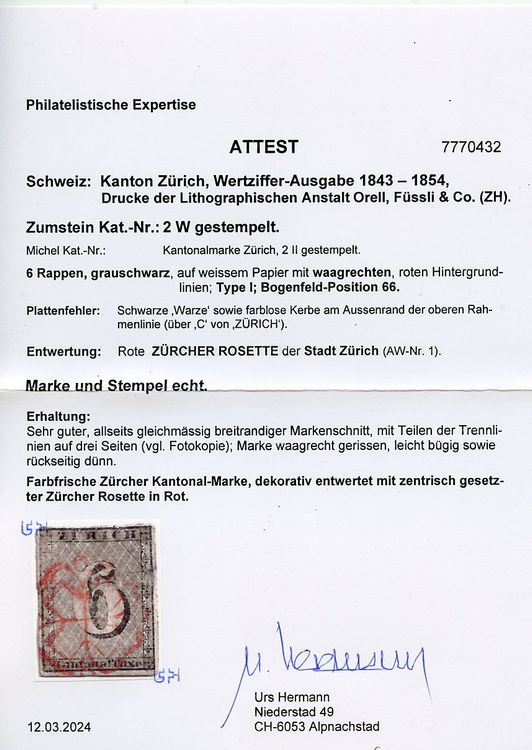 Zst 2 W Zürich 6 - Marke/Stempel echt / Attest Urs Hermann | Kaufen auf ...