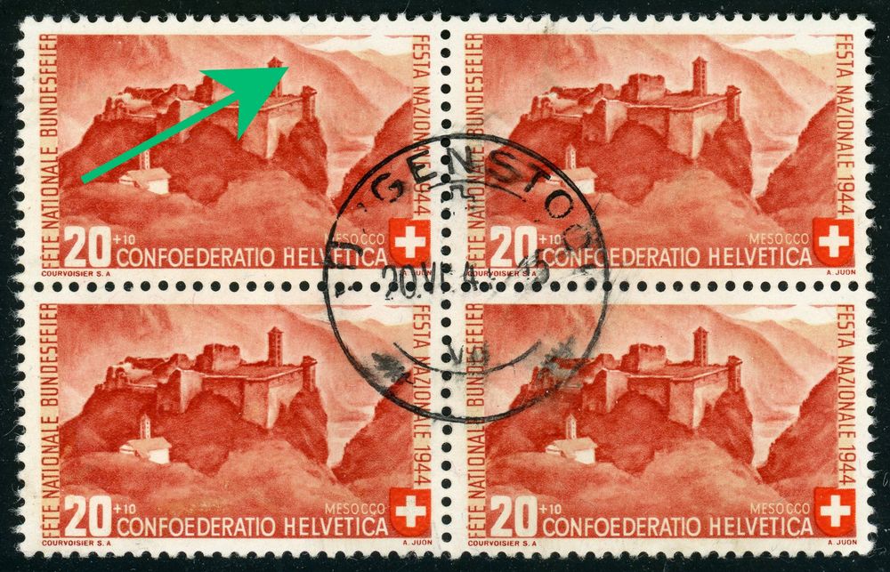 Abart: PP B24 / B24.4.02 Rf Strich über Eckturm, 1944 Ꙩ (Gebraucht) in Goldswil für CHF 18 – mit ...