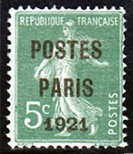 FRANCE Semeuse 5c vert Surcharge Postes Paris 1921 Cat. 80€ (Gebraucht ...