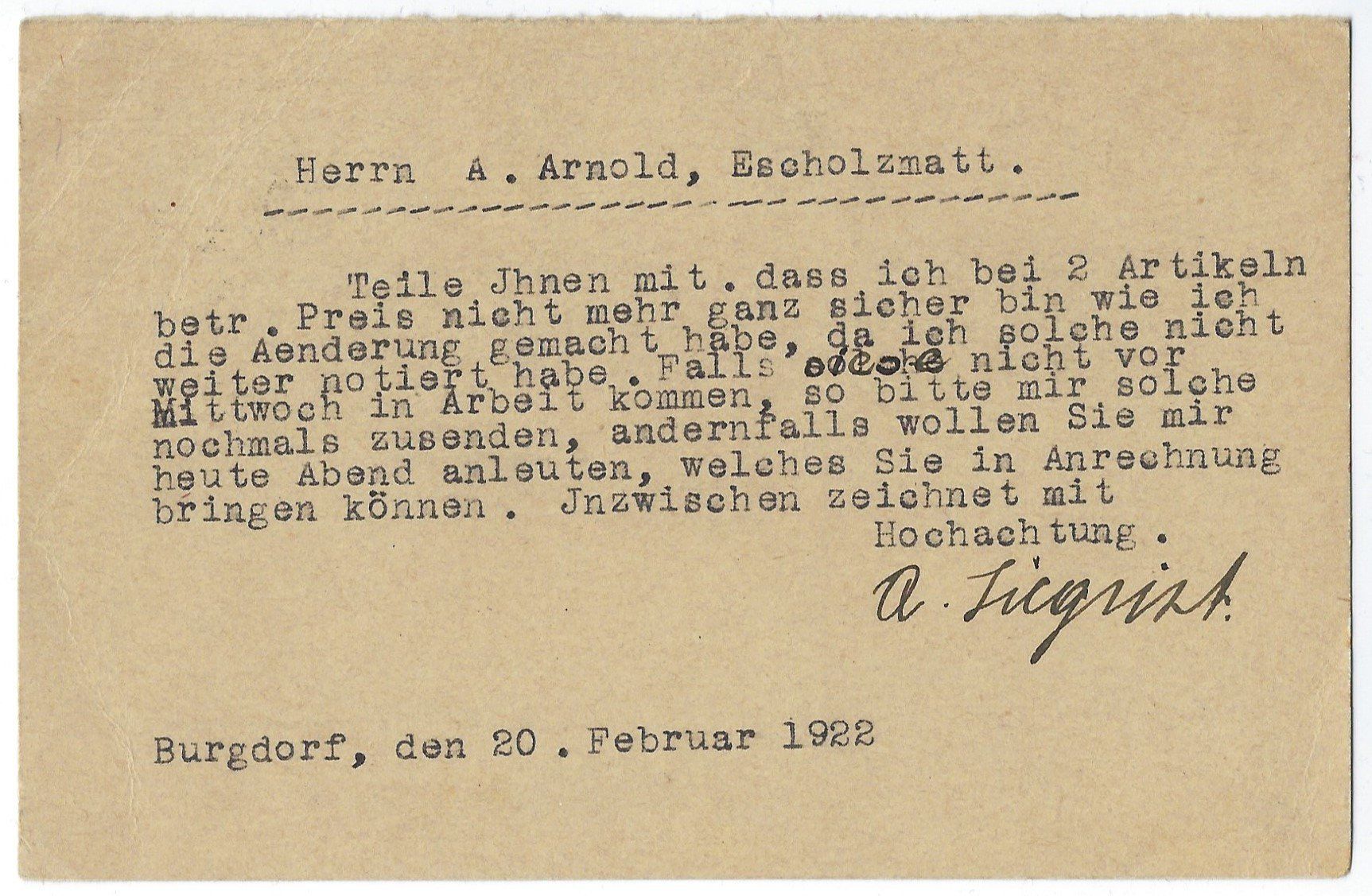 1922 Postkarte Kat-Nr. 70A, von A. Siegrist in Burgdorf (Gebraucht) in Morgarten für CHF 4 – mit ...