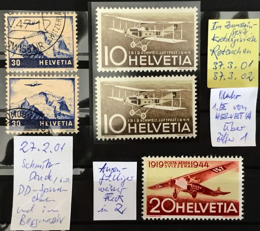 CH-Flugpost, 4 Werte mit Abart (+ Vergleichsstück für 27.Ab) (Gebraucht) in Belp für CHF 1 – mit ...