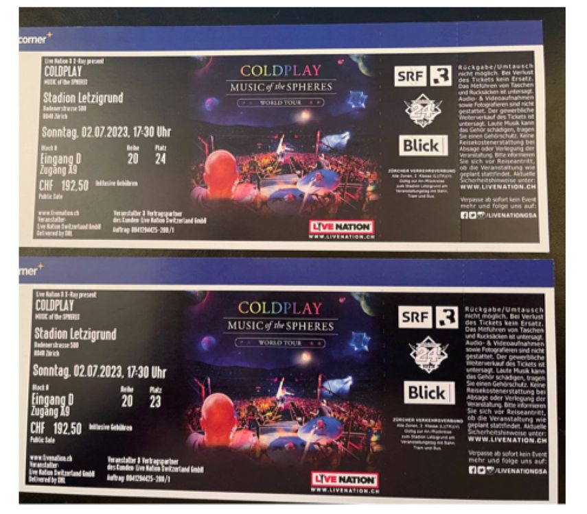 COLDPLAY - 2 Sitzplatztickets, Sonntag, 2.Juli 2023 | Kaufen auf Ricardo