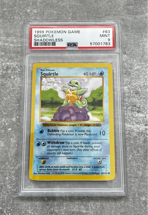 SQUIRTLE - SHADOWLESS 1999 BASE SET PSA 9/10 (Neu und originalverpackt ...