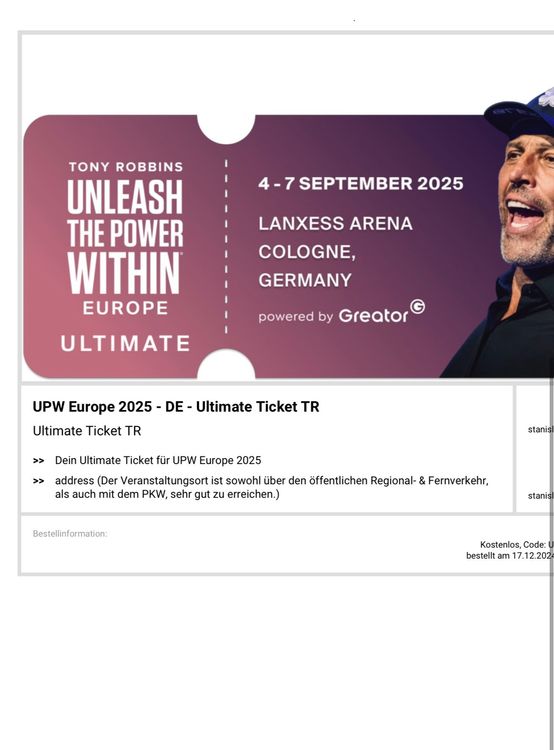 Tony Robbins UPW Ultimate Ticket Köln NP: 2000.- (Neu und ...