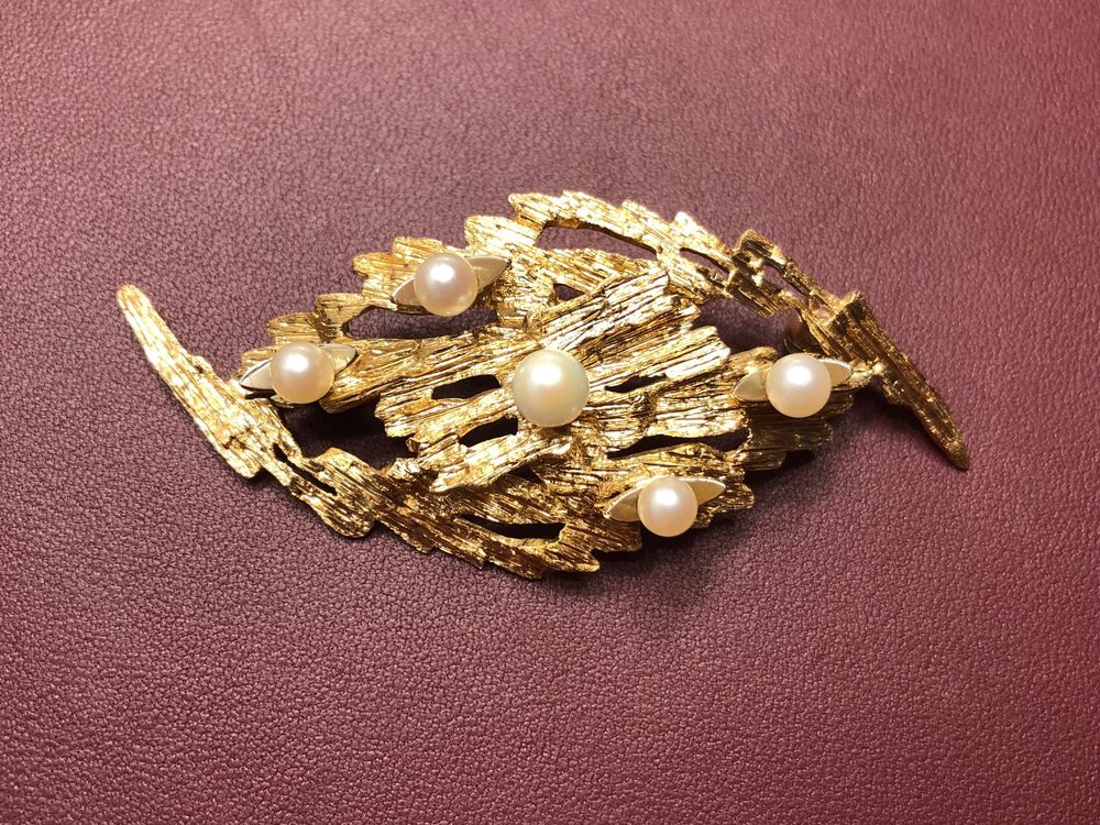 Massive Goldbrosche mit 5 Perlen aus Gold 18 Karat Au 750 (Gebraucht ...