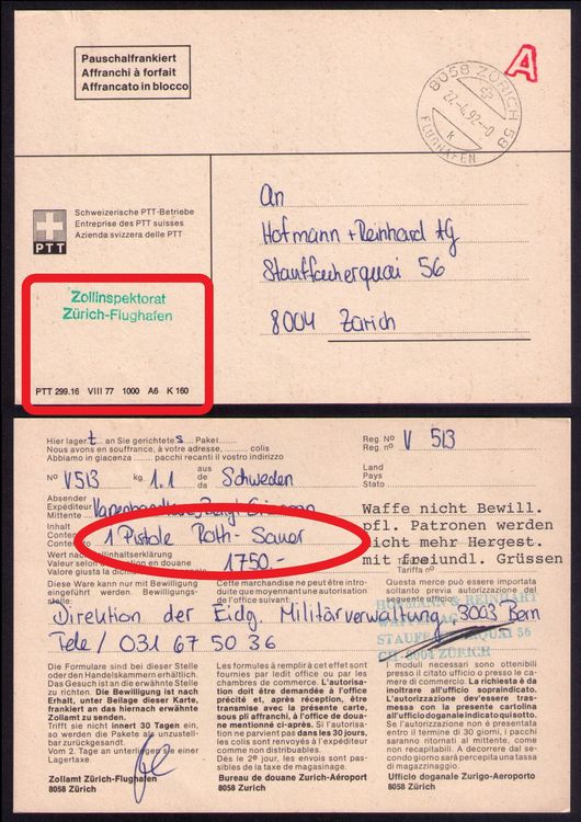 GANZSACHE PTT 299.16_fürPistole Roth-Sauer_ZOLLAMT FLUGHAFEN (Gebraucht ...