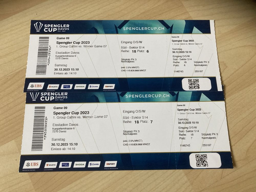 Spenglercup 2023/ Tickets Sitzpätze nebeneinander, 1/4 Final (Neu und ...