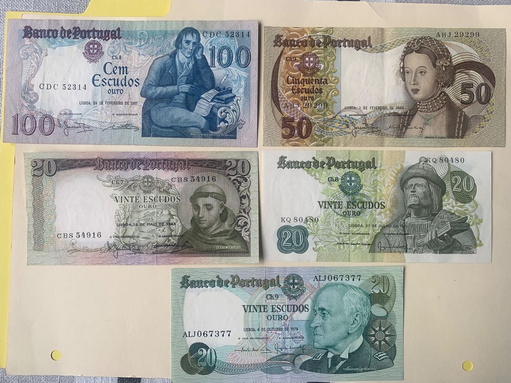 PORTUGAL - 100, 50, 20, 20, 20 Escudos 1964-1981 (5 Noten) (Gebraucht ...