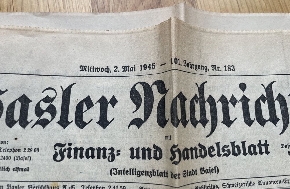 Basler Nachrichten Zeitung 2. Mai 1945 Hitler Tod (Gebraucht) in Rheinfelden für CHF 6 – mit ...