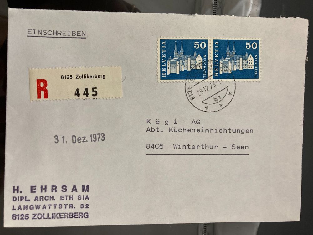 Schweiz 1973 R-Brief 2xNeuchatel 50 Zollikerberg n W'thur (Gebraucht) in Liestal für CHF 1.5 ...