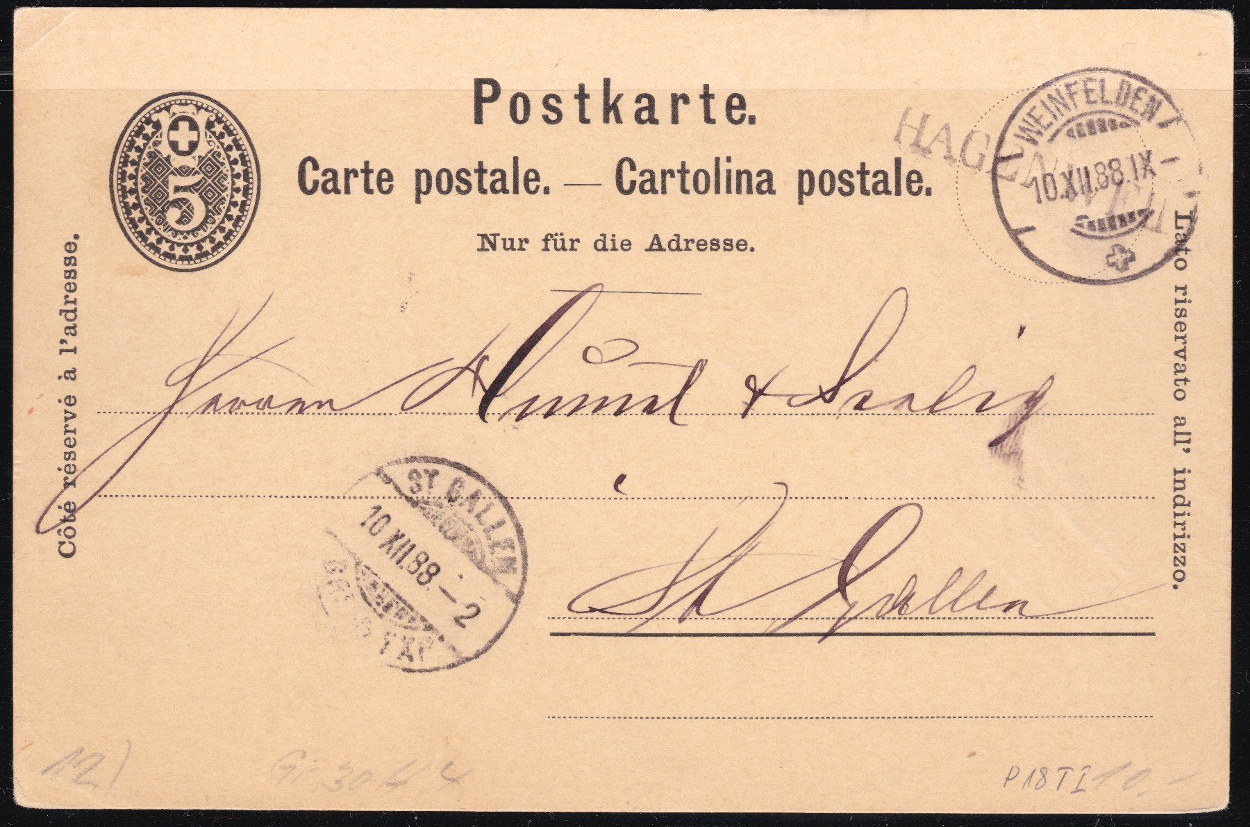 Stabstempel HAGENWEIL TG/auf PK 1888 Weinfelden nach SG rar! (Gebraucht ...