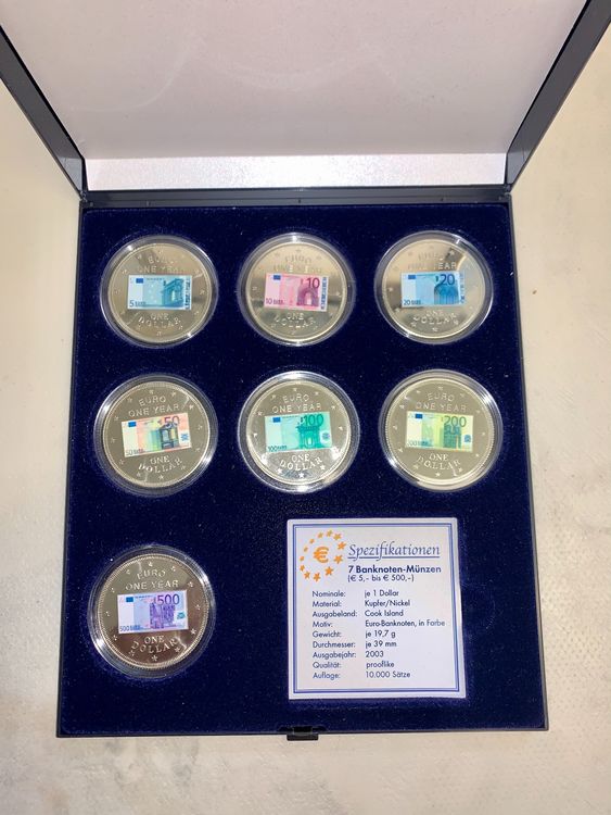 7 Münzen / Euro-Banknotenmünzen, je 1 Dollar, 2003, inkl.Box (Neu ...
