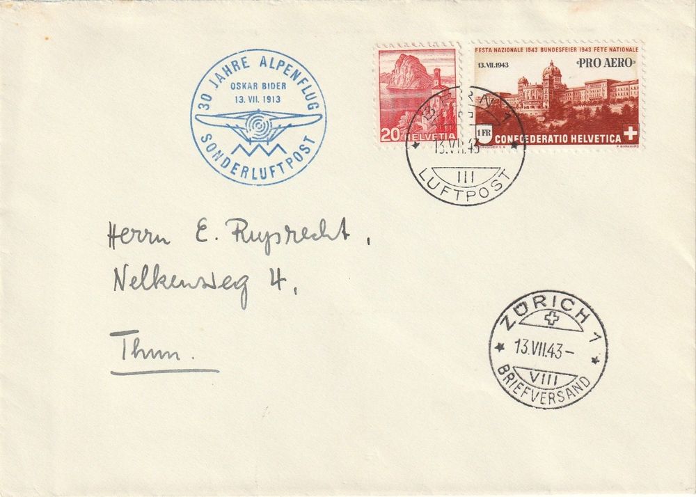 Pro Aero 1943, Etappe Bern -Zürich mit Zusatzfrankatur, ab 1 (Gebraucht) in Turgi für CHF 1 ...