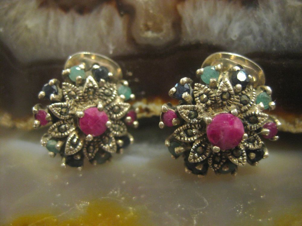 ALTE SAPHIR\RUBIN\SMARAGD OHRKLIPS ST.S925° 2PUNZE,HANDARB. | Kaufen ...