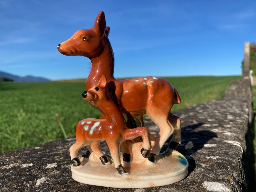 Porzellanfigur Reh mit Rehkitz Tierfigur sign. Chindon 1956 (Gebraucht ...