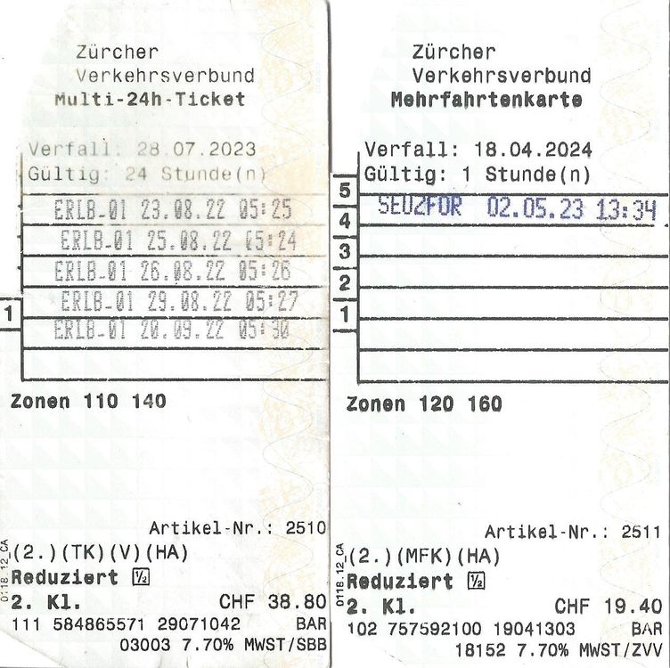 Verkaufe zwei ZVV Bahntickets. (Gebraucht) in wiesendangen für CHF 8 ...
