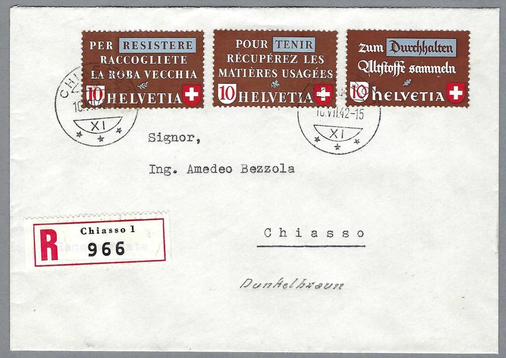 1942, ALTSTOFF, SATZBRIEF (Z/254-256), VOLL-0 CHIASSO, LUXUS (Gebraucht) in Pura für CHF 35 ...