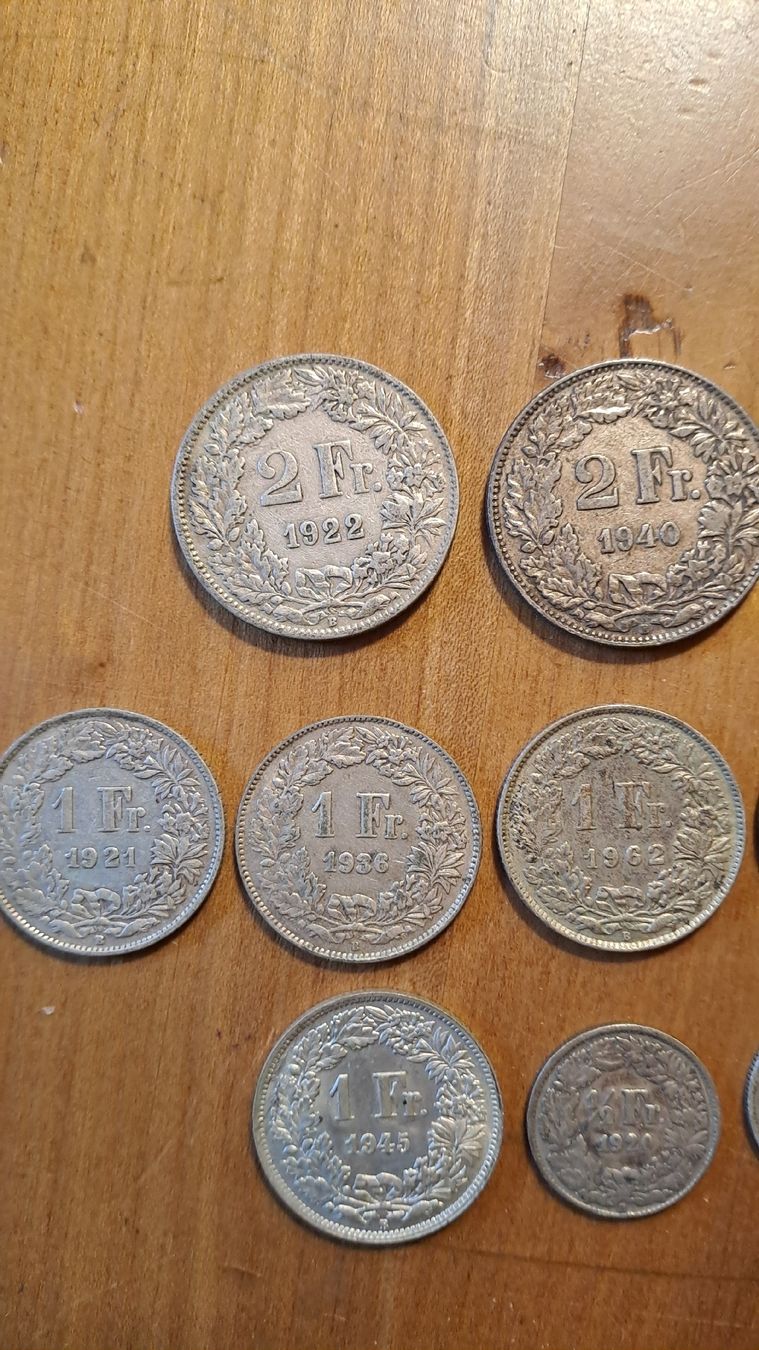 13 Stück Silber Münzen Schweiz 1 Franken 2 und 50 Rappen 65g (Gebraucht ...