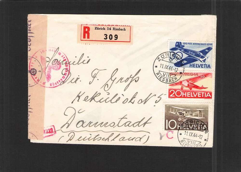 Zensurbrief Flugpost , Satz F37-39 , gel. 11.lX.1944 (Gebraucht) in Reichenburg für CHF 17 – mit ...