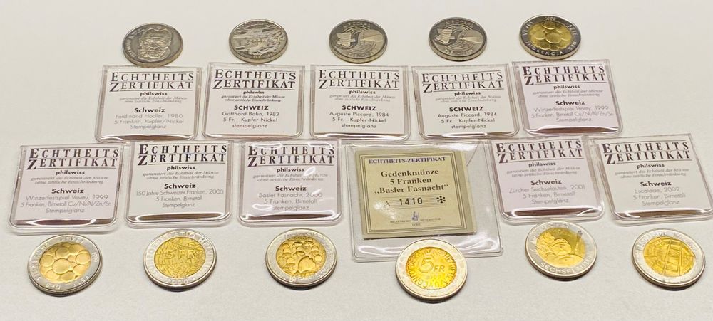 11 x Gedenkmünzen Schweiz mit Zertifikat CHF 5.- 1980 - 2002 (Neu und originalverpackt) in Baar ...