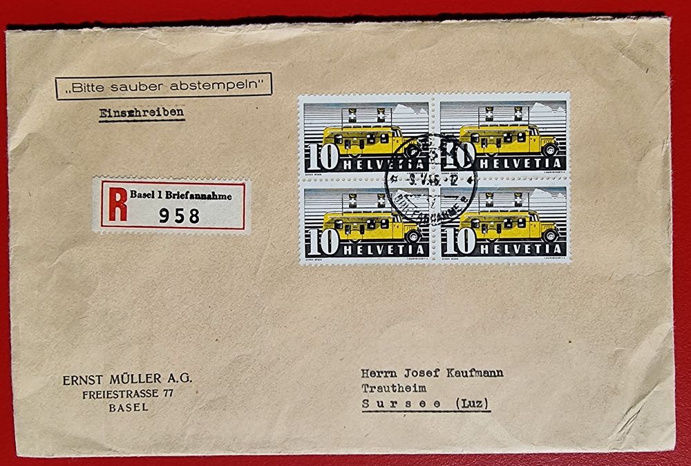 AUTOMOBILPOSTBÜRO 210 VIERERBLOCK MÜLLER BASEL SURSEE 1946 (Gebraucht ...