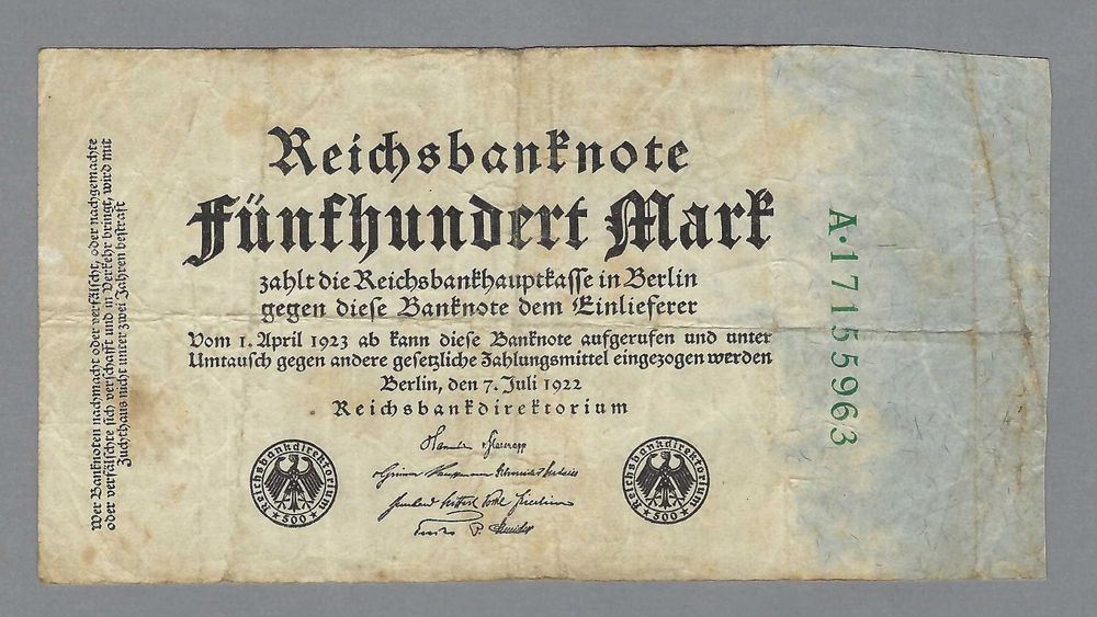 DEUTSCHES REICH, BANKNOTE 1922, 500 HUNDERT MARK (Gebraucht) in Pura ...