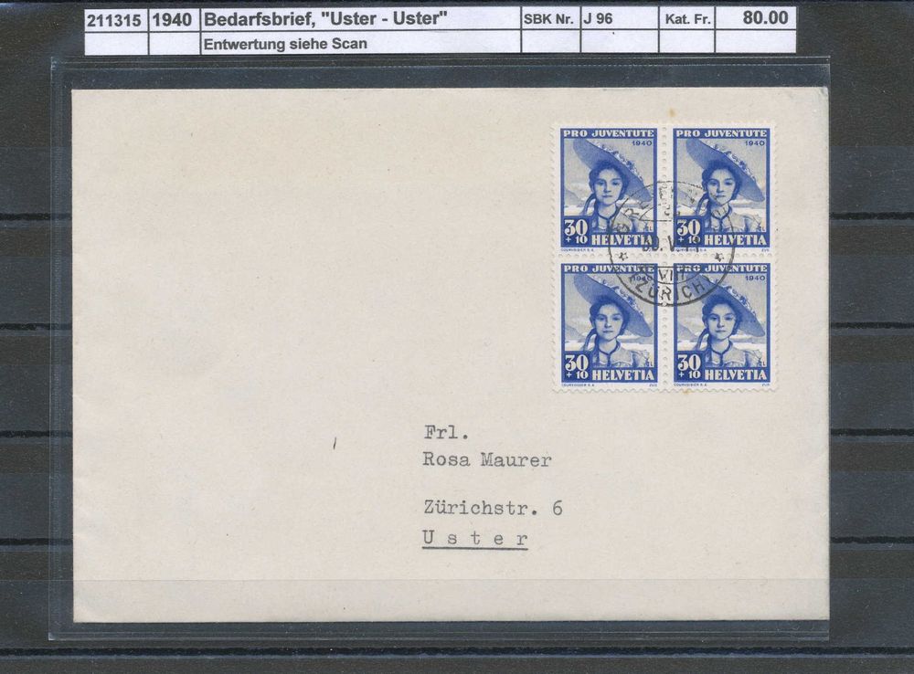 1940 Pro Juventute - 30 Rp. Viererblock, Bedarfsbrief | Kaufen auf Ricardo