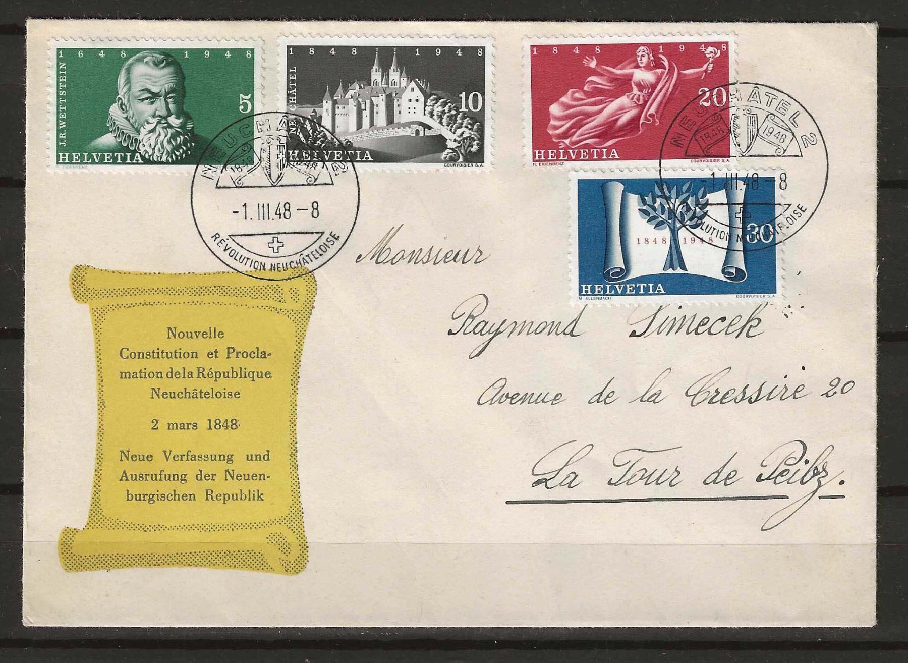 F281 - 100 ans constitution 1948 sur lettre (Gebraucht) in Trélex für ...