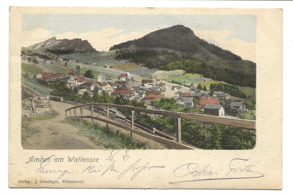 Amden am Walensee (SG) Dorfpartie mit Kirche Hand col. 1905 (Gebraucht) in Engelburg für CHF 7.9 ...
